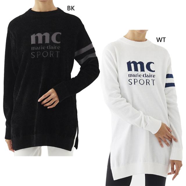 マリクレール レディース チュニックセーター ゴルフウェア トップス 長袖 ホワイト 白 ブラック 黒 送料無料 marie claire 733730