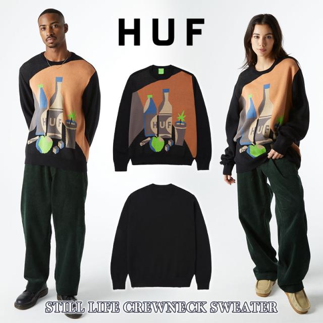 ハフ スウェット HUF ニット STILL LIFE CREWNECK SWEATER ブラック 柄 長袖 トップス スケーター ストリート系 スケートボード 人気 メンズ 正規品 [衣類]