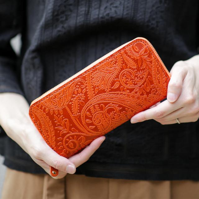 栃木レザー 長財布 メンズ レディース ラウンドファスナー ペイズリー ウォレット VINCENT CRAFTED (ヴィンセントクラフテッド) オリジナル ブランド DIEGO 日本製 ロングウォレット 本革 レザー 財布 革小物 オレンジ