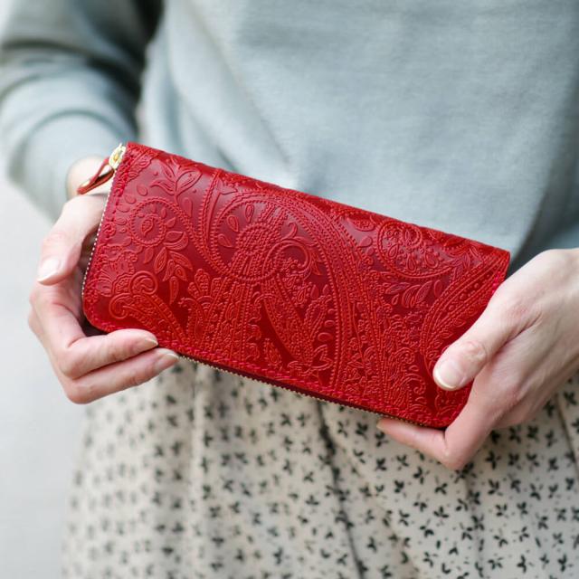 栃木レザー 長財布 メンズ レディース ラウンドファスナー ペイズリー ウォレット VINCENT CRAFTED (ヴィンセントクラフテッド) オリジナル ブランド DIEGO 日本製 ロングウォレット 本革 レザー 財布 革小物 レッド