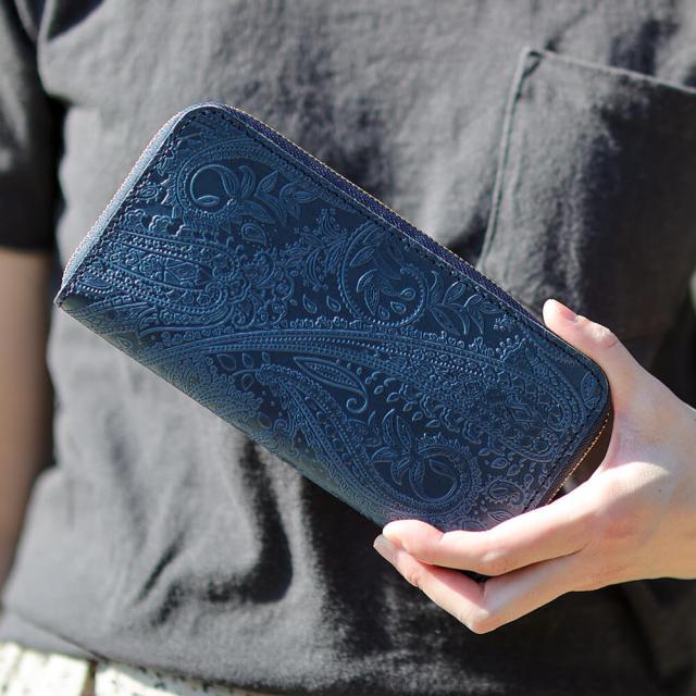 VINCENT CRAFTED WEB限定 日本製 栃木レザー ペイズリー ラウンドファスナー ロングウォレット LIO 長財布 大容量 本革 ネイビー