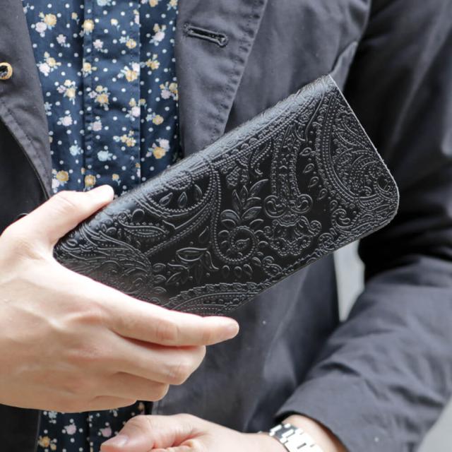 栃木レザー 長財布 メンズ レディース 日本製 本革 財布 ペイズリー 柄 VINCENT CRAFTED ロングウォレット NAZARIO 長財布 ブラック