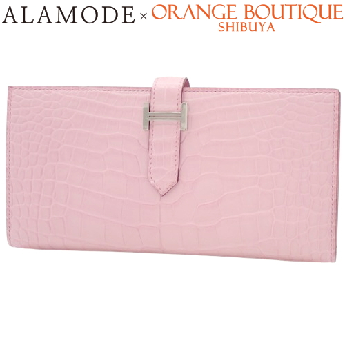 HERMES(エルメス) ベアンスフレ ピンク アリゲーターマット クロコダイル パラジウム金具 シルバー金具 Z刻印 長財布 ロングウォレット 二つ折り 2つ折り レディース 40802137391【アラモード】