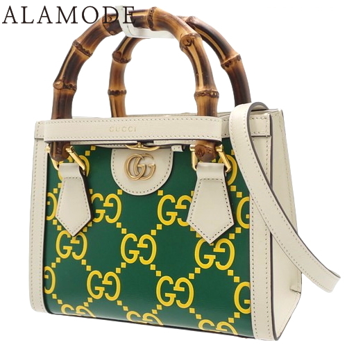 GUCCI(グッチ) バンブー ダイアナ ミニトート ハンドバッグ 2WAY ショルダー 斜め掛け 肩掛け レザー グリーン緑 イエロー黄 オフホワイト ゴールド金具 655661 レディース 40802136199【中古】【アラモード】