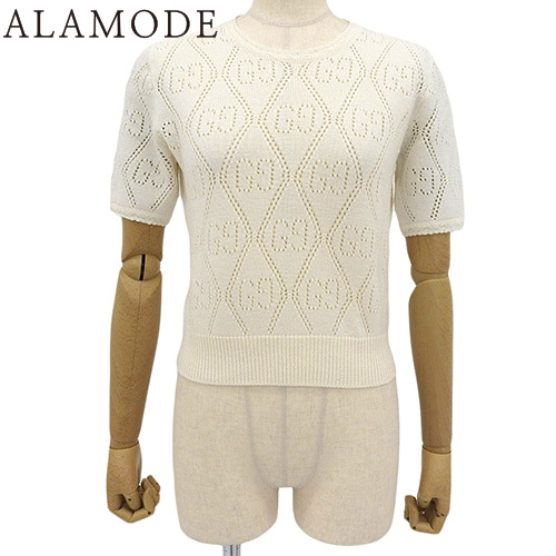 GUCCI(グッチ) GGロゴ 透かし編み ニット トップス アパレル ファッション 半袖 セーター S ウール アイボリー レディース 40802142930【中古】【アラモード】