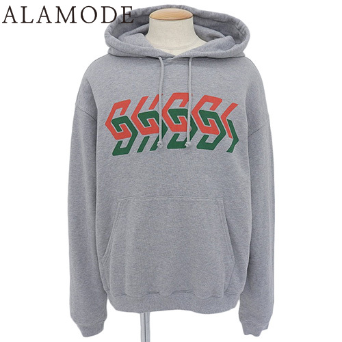 GUCCI(グッチ) ロゴ プリント パーカー トップス プルオーバー ファッション アパレル フーディー L コットン グレー グリーン緑 オレンジ 715911 XJEUM メンズ 40802143280【中古】【アラモード】