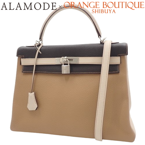 HERMES(エルメス) ケリー32 (内縫い) トリコロール アルジル タバックキャメル ショコラ ベージュ ダークブラウン焦げ茶 トリヨンクレマンス パラジウム金具 マットシルバー金具 □G刻印 ハンドバッグ 2WAY ショルダー 肩掛け レディース 40802147991【中古】【アラモード】