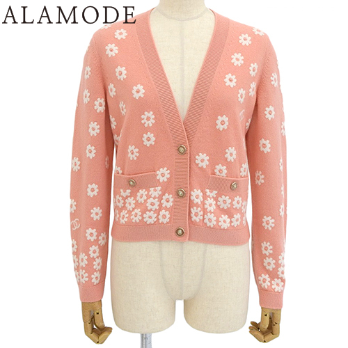 CHANEL(シャネル) ココマーク 花柄カーディガン トップス P72 アパレル ニット 長袖 ファッション 34 カシミヤ ピンク ホワイト白 レディース 40802146664【中古】【アラモード】