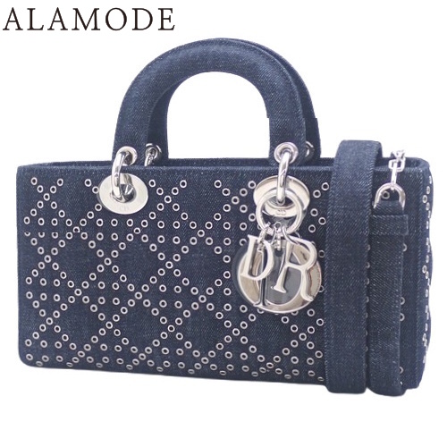 Christian Dior(クリスチャン・ディオール) カナージュ Lady D-Joy バッグ ミディアム ハンドバッグ 2WAY ショルダー 肩掛け アイレット コットンデニム ブルー青 シルバー金具 レディース 40802149080【中古】【アラモード】