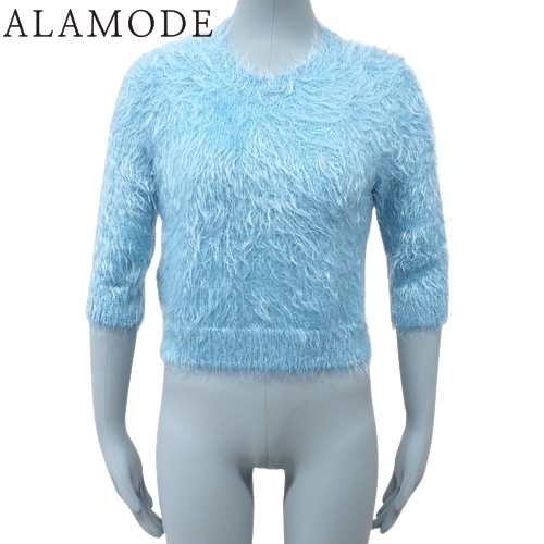 GUCCI(グッチ) クロップド丈 シャギー ニット トップス アパレル ファッション 六分袖 セーター GGロゴ  XS ナイロン ウール ライトブルー水色 ホワイト白 695655 レディース 40802148488【中古】【アラモード】