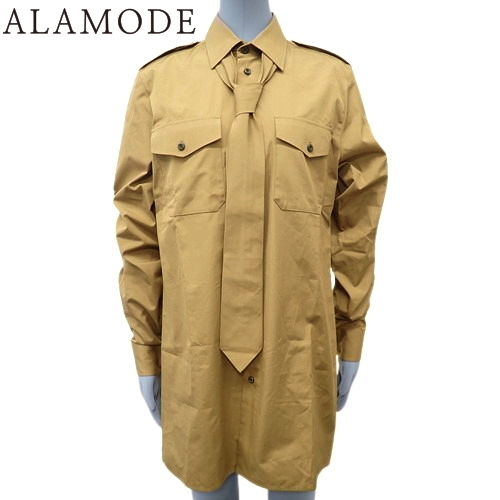 PRADA(プラダ) ネクタイ付き ロングシャツ トップス 2023年 長袖 ブラウス トライアングルロゴ アパレル ファッション 36 コットン ベージュ レディース 40806000046【中古】【アラモード】