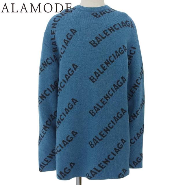 BALENCIAGA(バレンシアガ) ロゴ オーバーサイズ ニット セーター 2021年 トップス 総柄 XS ウール ナイロン ターコイズ 青緑 メンズ 40101804804【中古】【アラモード】