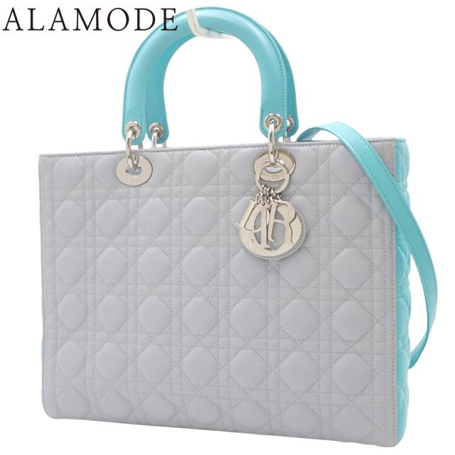 Christian Dior(クリスチャン・ディオール) カナージュ Lady Dior レディディオール バッグ ラージ ハンドバッグ 2WAY ショルダー 肩掛け バイカラー ラムスキン ライトグレー ライトブルー水色 シルバー金具 レディース 40802137151【中古】【アラモード】