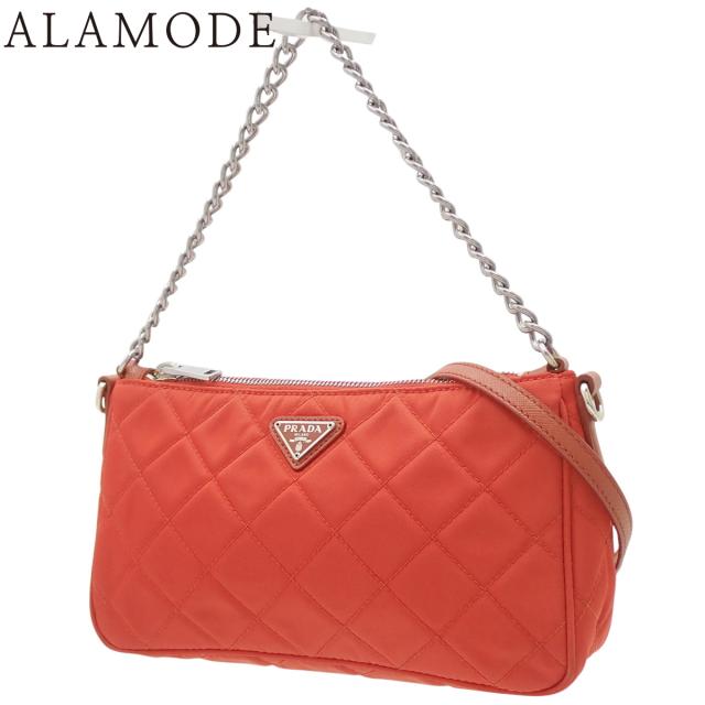 PRADA(プラダ) キルティング 2WAYバッグ ハンドバッグ ショルダー 肩掛け 斜め掛け ナイロン レッド赤 シルバー金具 1BH026 レディース 40802149968【中古】【アラモード】