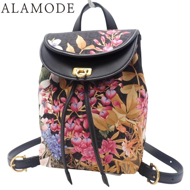 Salvatore Ferragamo(フェラガモ) ガンチーニバックパック リュックサック/バックパック ショルダー 肩掛け デイリー 花柄 リュック ナイロン カーフ ブラック黒 マルチカラー ゴールド金具 21 H987 レディース 40802157388【中古】【アラモード】