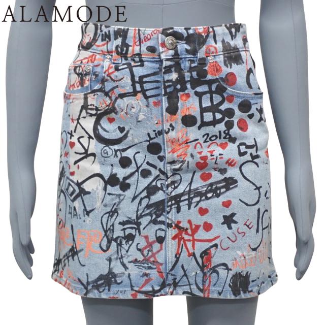 BURBERRY(バーバリー) グラフィックプリント デニム スカート ボトムス 36 コットン エラスタン ブルー青 ブラック黒 レッド 8030653 レディース 40802155313【中古】【アラモード】