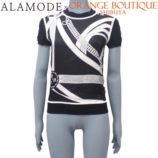 HERMES(エルメス) Promenade du Matin Remix 半袖ニット ブラック黒 ホワイト白 シルク ウール ナイロン ポリウレタン ニット/セーター ツイルレーヌ トップス アパレル レディース 40802155483【中古】【アラモード】