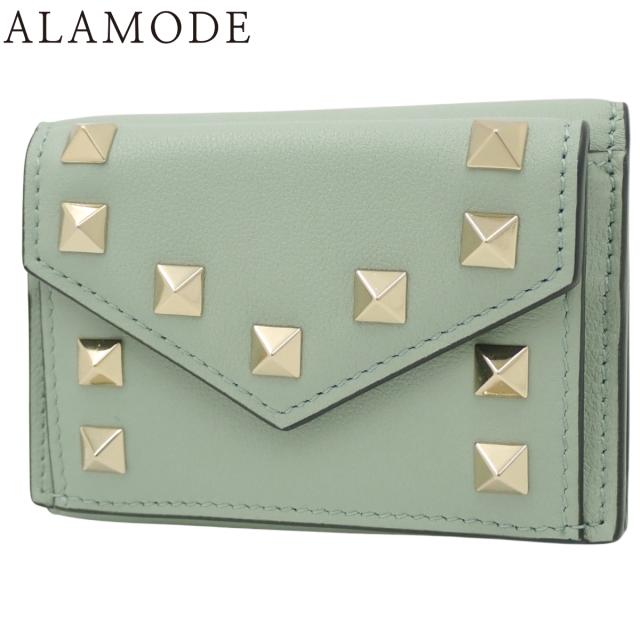 VALENTINO(ヴァレンティノ) スタッズ 3つ折り財布 コンパクトウォレット スモールウォレット 小物 三つ折り レザー グリーン緑 シャンパンゴールド金具 3W2P0Q47BOL レディース 40802158440【中古】【アラモード】