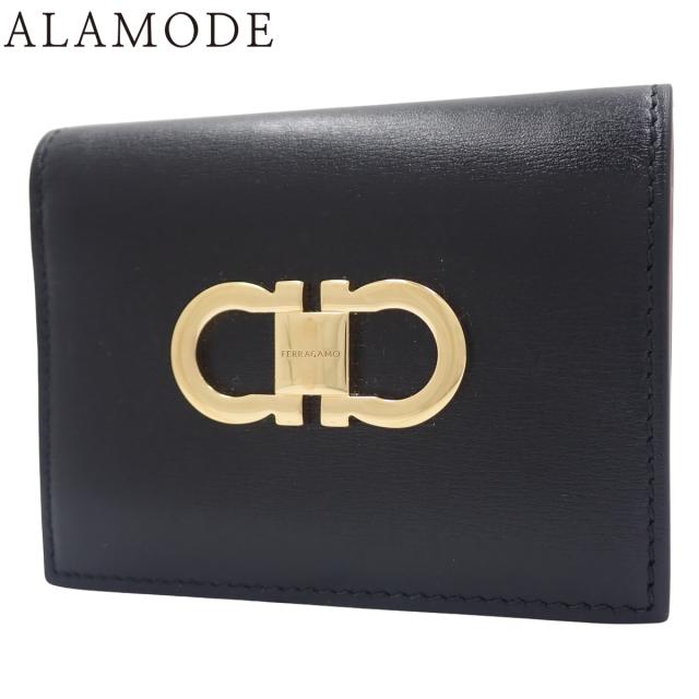 Salvatore Ferragamo(フェラガモ) ガンチーニ 2つ折り 財布 コンパクトウォレット 二つ折り 折りたたみ財布 小物 カーフ ブラック黒 レッド赤 ゴールド金具 22-0627 レディース 40802160992【中古】【アラモード】