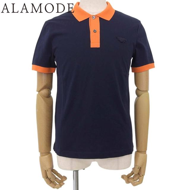 PRADA(プラダ) ポロシャツ 2016年 アパレル ファッション 半袖 トライアングルワッペン S コットン ネイビー紺 オレンジ UJM730 メンズ 40802158513【中古】【アラモード】