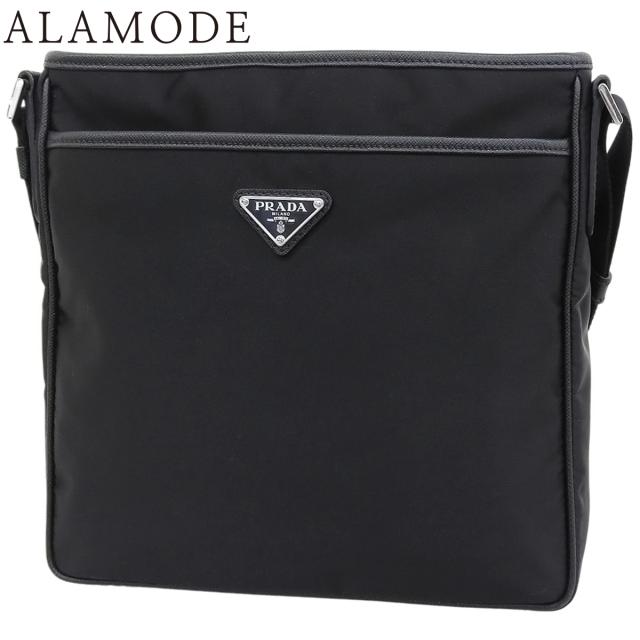 PRADA(プラダ) ロゴプレート スクエアショルダーバッグ 肩掛け 斜め掛け ナイロン サフィアーノレザー NERO ネロ ブラック黒 シルバー金具 ユニセックス 40802156544【中古】【アラモード】