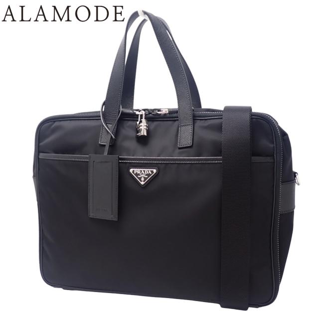 PRADA(プラダ) Re-Nlon ブリーフケース ビジネスバッグ/ブリーフケース 2way ショルダー 肩掛け PCケース 三角ロゴ ナイロン サフィアーノレザー ブラック黒 シルバー金具 メンズ 40802161693【中古】【アラモード】
