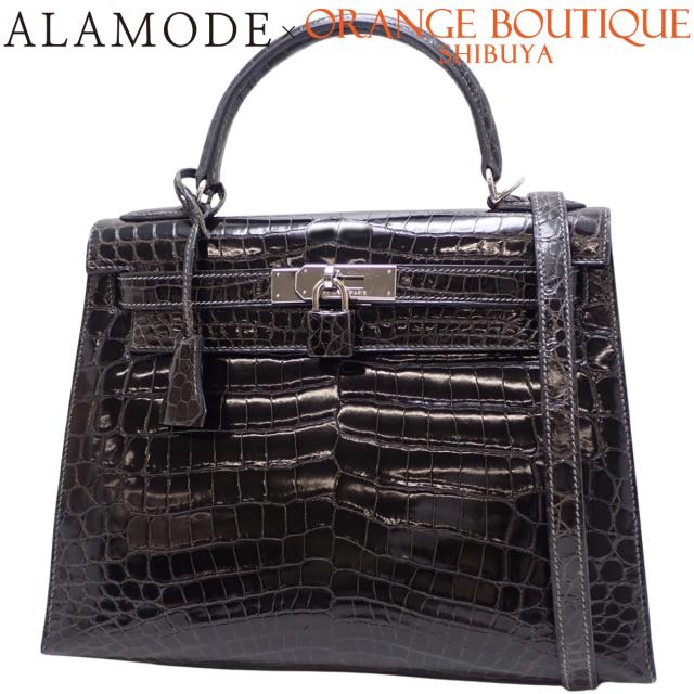 HERMES(エルメス) ケリー28 (外縫い) グラファイト ブラック黒 ニロティカス クロコダイル パラジウム金具 シルバー金具 □F刻印 ハンドバッグ 2WAY ショルダー 肩掛け レディース 40802164685【中古】【アラモード】