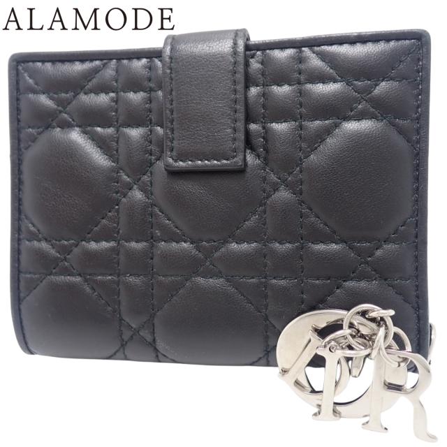 Dior(ディオール) カナージュ 二つ折り財布 コンパクトウォレット 2つ折り 小物 チャーム付き ラムスキン ブラック黒 シルバー金具 レディース 40802164278【中古】【アラモード】
