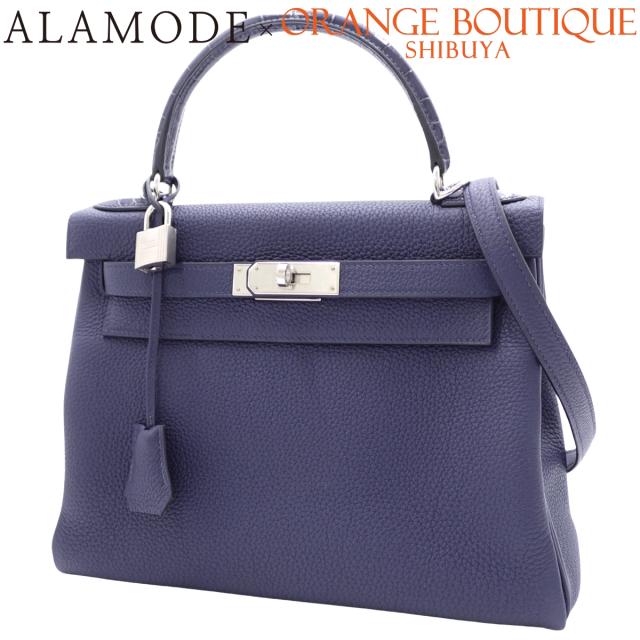 HERMES(エルメス) ケリータッチ28 (内縫い) ブルーアンクル ネイビー紺 トゴ アリゲーター クロコダイル パラジウム金具 シルバー金具 D刻印 ハンドバッグ ショルダー 肩掛け 2WAY レディース 40802165820【中古】【アラモード】