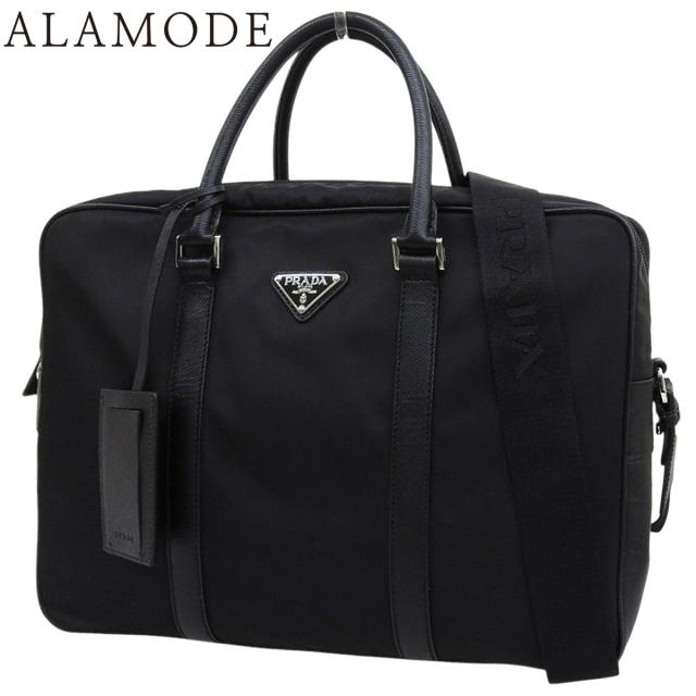 PRADA(プラダ) 2WAYビジネスバッグ ビジネスバッグ/ブリーフケース トート ショルダー 肩掛け 斜め掛け ナイロン サフィアーノレザー ブラック黒 シルバー金具 メンズ 40802164306【中古】【アラモード】