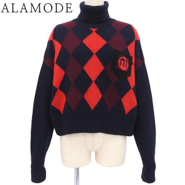 MIUMIU(ミュウミュウ) アーガイル タートルネックセーター ニット/セーター 2018年 アパレル ファッション 40 ウール ネイビー紺 レッド赤 レディース 40802161347【中古】【アラモード】