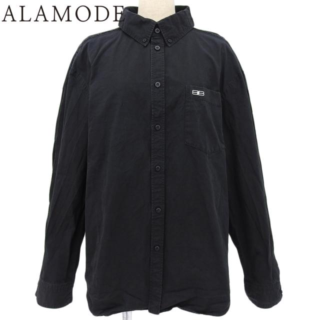 BALENCIAGA(バレンシアガ) 切り替えシャツ シャツ/ブラウス 2021年 長袖 トップス アパレル ロゴ刺繍  S コットン ブラック黒 メンズ 40802162529【中古】【アラモード】