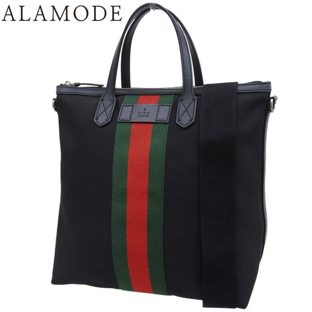 GUCCI(グッチ) トートバッグ トートバッグ 2WAY ショルダー ハンド 肩掛け シェリーライン キャンバス ブラック黒 グリーン緑 レッド赤 シルバー金具 619751 メンズ 40802164073【中古】【アラモード】