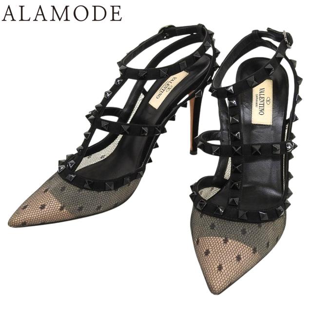 VALENTINO(ヴァレンティノ) ロックスタッズメッシュパンプス サンダル/ミュール アパレル 靴 ハイヒール 39 スウェード/スエード ブラック黒 ブラック金具 TW2S0393 レディース 40802159559【中古】【アラモード】