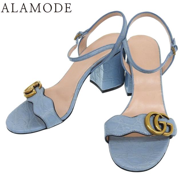 GUCCI(グッチ) GGマーモントレザーサンダル サンダル/ミュール アパレル 靴 シューズ ヒール クロコ型押し 36 レザー ライトブルー水色 ゴールド金具 レディース 40802163319【中古】【アラモード】