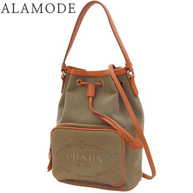 PRADA(プラダ) デュエット バケットバッグ ハンドバッグ 2WAY 巾着型 ショルダーバッグ 肩掛け 斜め掛け キャンバス レザー ベージュ オレンジ ゴールド金具 1BH038 レディース 40802166037【中古】【アラモード】