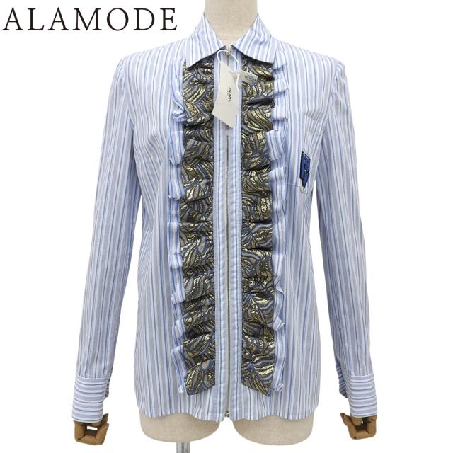 PRADA(プラダ) フリル付き ストライプ ジップシャツ シャツ/ブラウス 2018年 アパレル ファッション 長袖 38 コットン ブルー青 ホワイト白 ゴールド P495C S191 1TD9 レディース 40802166183【中古】【アラモード】