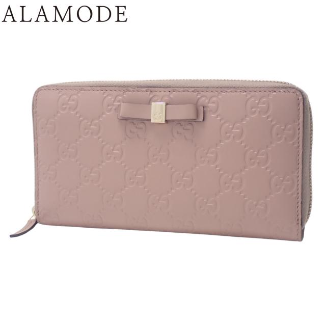 GUCCI(グッチ) グッチシマ ラウンドファスナー 長財布 ロングウォレット ジップアラウンド リボン グッチシマレザー ピンクベージュ シャンパンゴールド金具 388680 レディース 40802167259【中古】【アラモード】