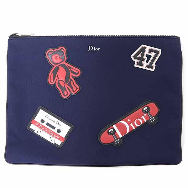 クリスチャン ディオール Christian Dior ナイロンポーチ bear クマ カセットテープ スケートボード 47 ネイビー レッド 【中古】Aランク