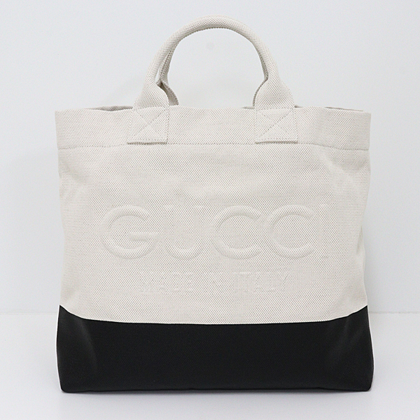 グッチ GUCCI エンボス ディテール付き キャンバス トートバッグ 782741 ナチュラル アイボリー系 ブラック 【中古】Sランク