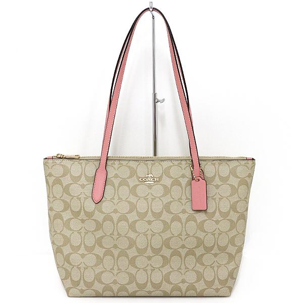 コーチ COACH ラグジュアリー シグネチャー トートバッグ ショルダーバッグ PVC レザー 4455 ライトカーキ ライトピンク 【中古】Sランク