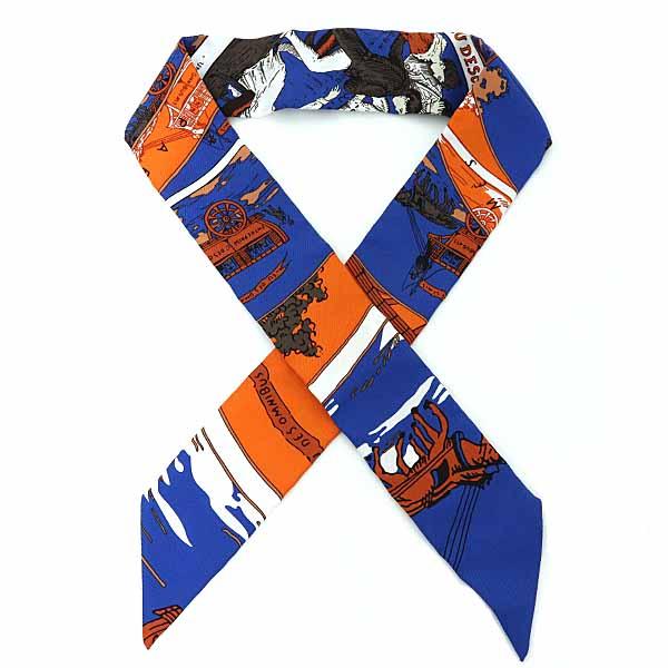 エルメス HERMES ツイリー Twilly 《オムニバス 白い貴婦人のゲーム》 スカーフ シルク 062416S-04 ブルー オレンジ ブラウン 【中古】S