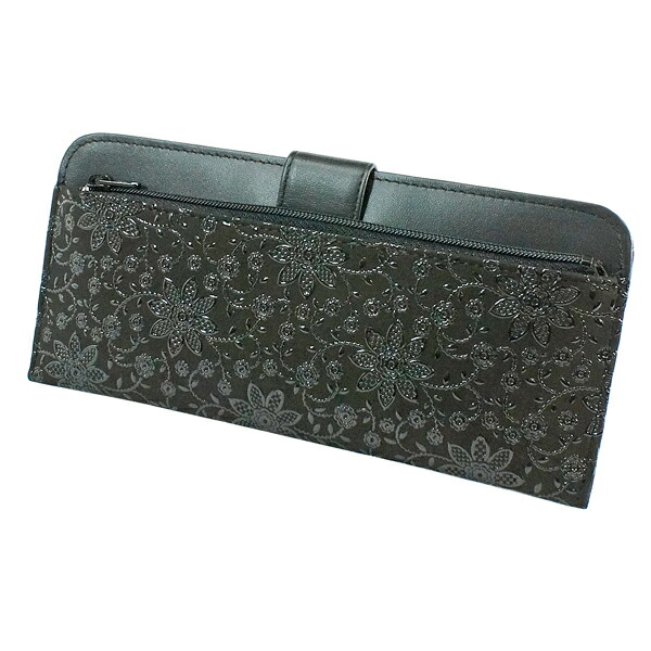 印伝 甲州印伝 印傳屋 上原勇七 財布 長財布 2107 クレマチス 黒地×黒漆 鹿革 本革 レザー 薄い スリム 花柄 ブランド 冬物 冬ギフト クリスマス 贈り物 YM01