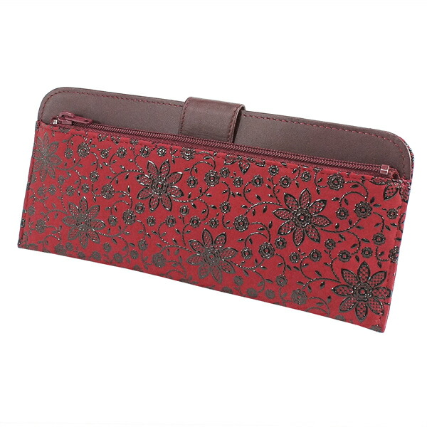 印伝 甲州印伝 印傳屋 上原勇七 財布 長財布 2107 クレマチス 赤地×黒漆 鹿革 本革 レザー 薄い スリム 花柄 ブランド 冬物 冬ギフト クリスマス 贈り物 YM01