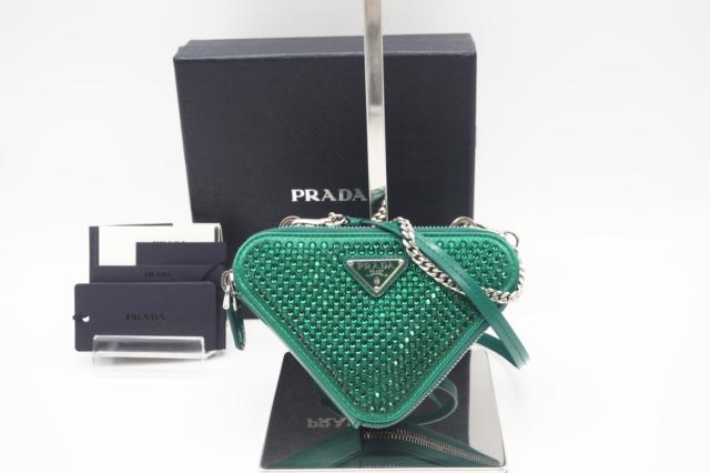 ☆安心の3大保証☆ ABランク ≪PRADA プラダ/ショルダーバッグ≫ 1NR015  ビジューレザー トライアングルミニポーチ グリーン 美品 送料無料