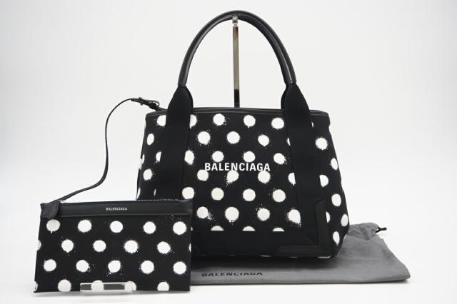 ☆安心の3大保証☆ ABランク ≪BALENCIAGA バレンシアガ/トートバッグ≫ 339933 Navy スモール カバス ドット柄 キャンバス ブラック ホワイト 送料無料
