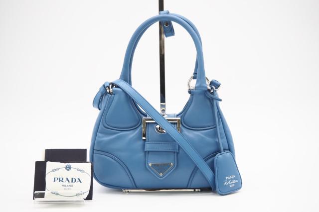 ☆安心の3大保証☆ ABランク ≪PRADA プラダ/2WAYバッグ≫ 1BA381 トライアングルレザー パデッドナッパ レザー ムーン ブルー 美品 送料無料