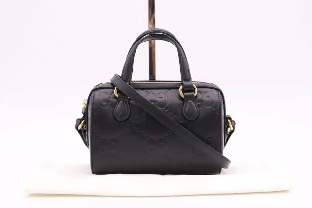 ☆安心の3大保証☆ Aランク ≪GUCCI グッチ/2WAYバッグ≫ 790130 GGスーパーミニ レザー ミニ ボストンバッグ ブラック 極美品 送料無料