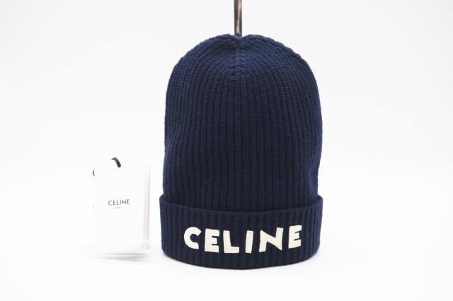 ☆安心の3大保証☆ Aランク ≪CELINE セリーヌ/帽子≫ 2A25R423P ウール ロゴ エンブロイダリー ニットキャップ ネイビー クリーム 未使用品 送料無料