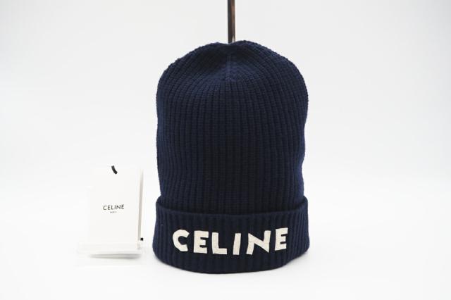 ☆安心の3大保証☆ Aランク ≪CELINE セリーヌ/帽子≫ 2A25R423P ウール ロゴ エンブロイダリー ニットキャップ ネイビー クリーム 未使用品 送料無料